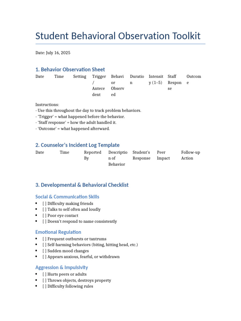 Student Behavior Observation Toolkit | PDF | Psychology | Behavioural ...