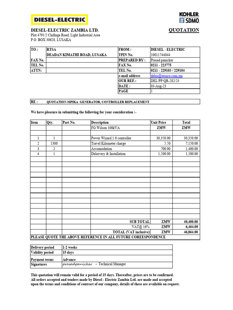 RTSA-Mpika FG Wilson 100kVA Generatorcontroller Replacement Quotation-Aug'23 | PDF