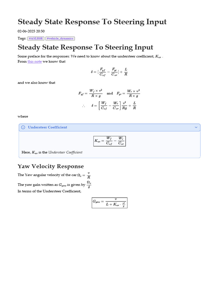Steady State Steering Response Analysis | PDF | Acceleration | Curvature