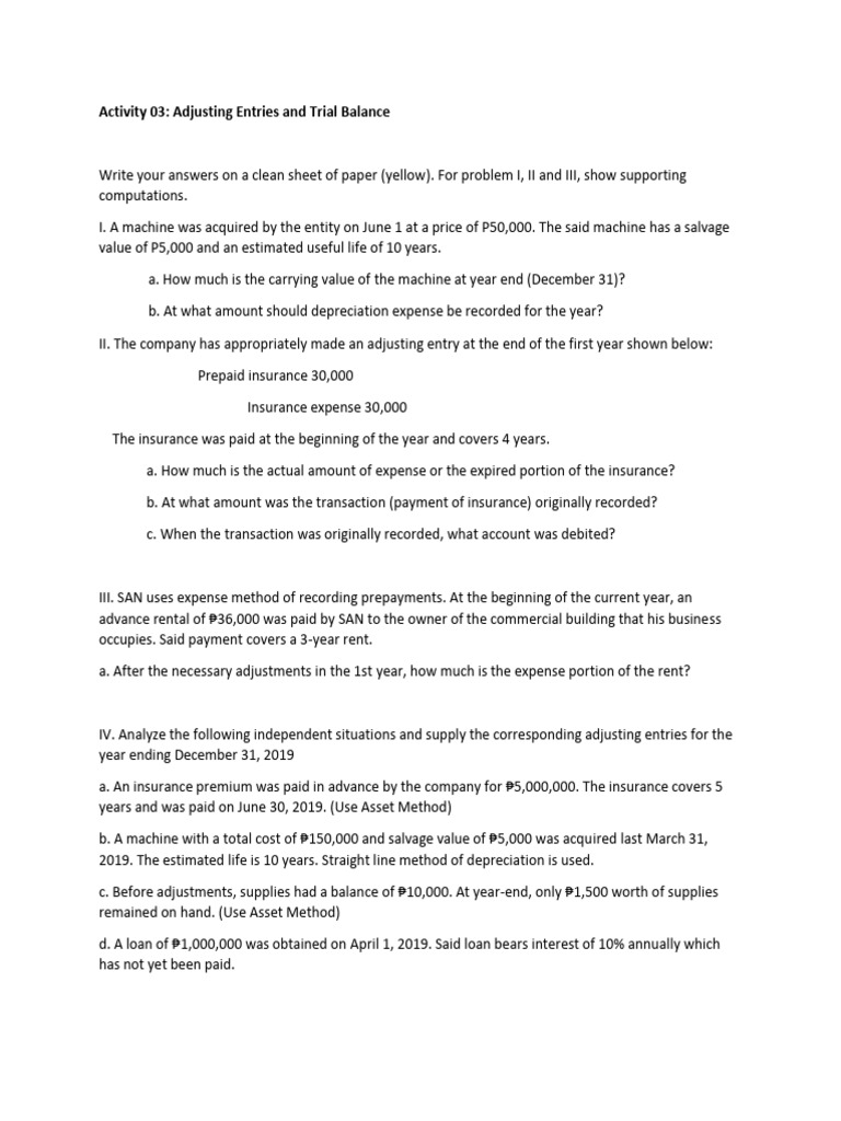 Activity 03 (Adjusting Entries and Trial Balance) | PDF | Depreciation | Debits And Credits