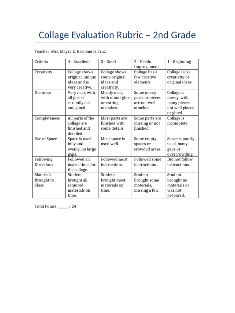 Collage Rubric 2nd Grade Mrs Mayra Hernandez Cruz | PDF