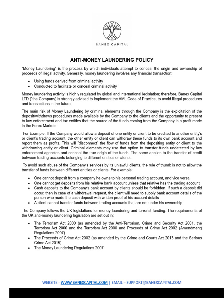 Banex Capital Anti-Money Laundering Policy | PDF | Money Laundering ...