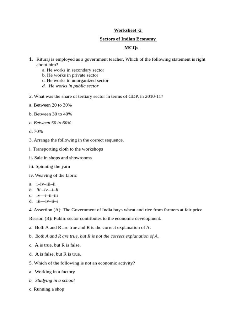 Indian Economy Sectors MCQs Worksheet | PDF | Gross Domestic Product ...