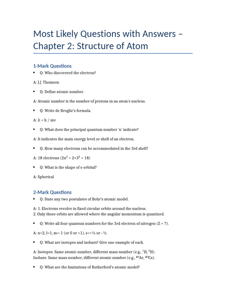 Important QA Structure of Atom | PDF | Atomic Orbital | Electron