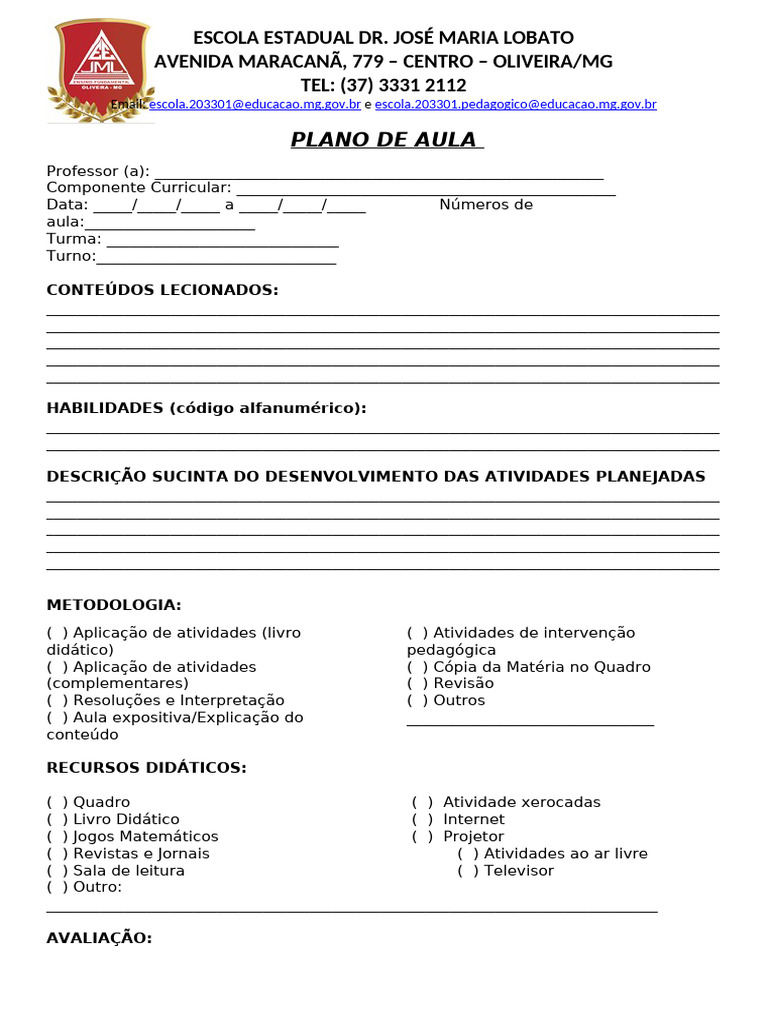 Plano de Aula Escola Dr. José Maria Lobato | PDF | Lição | Aprendizado