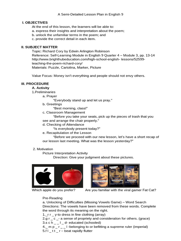Lesson Plan: Analyzing Richard Cory | PDF