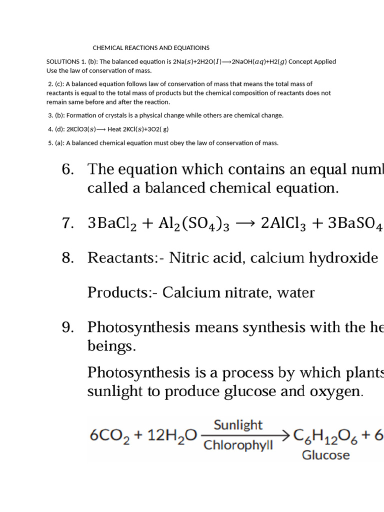 10th Class Chemistry Chemical Reactions and Equations Pyqs Key | PDF