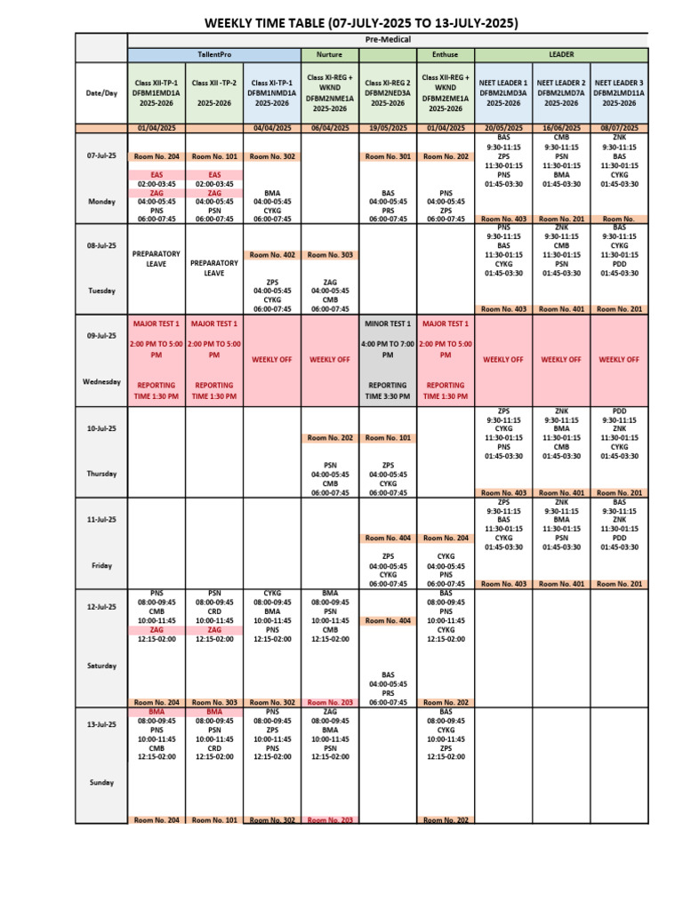 Neet Time Table 07 July To 13 July. | PDF