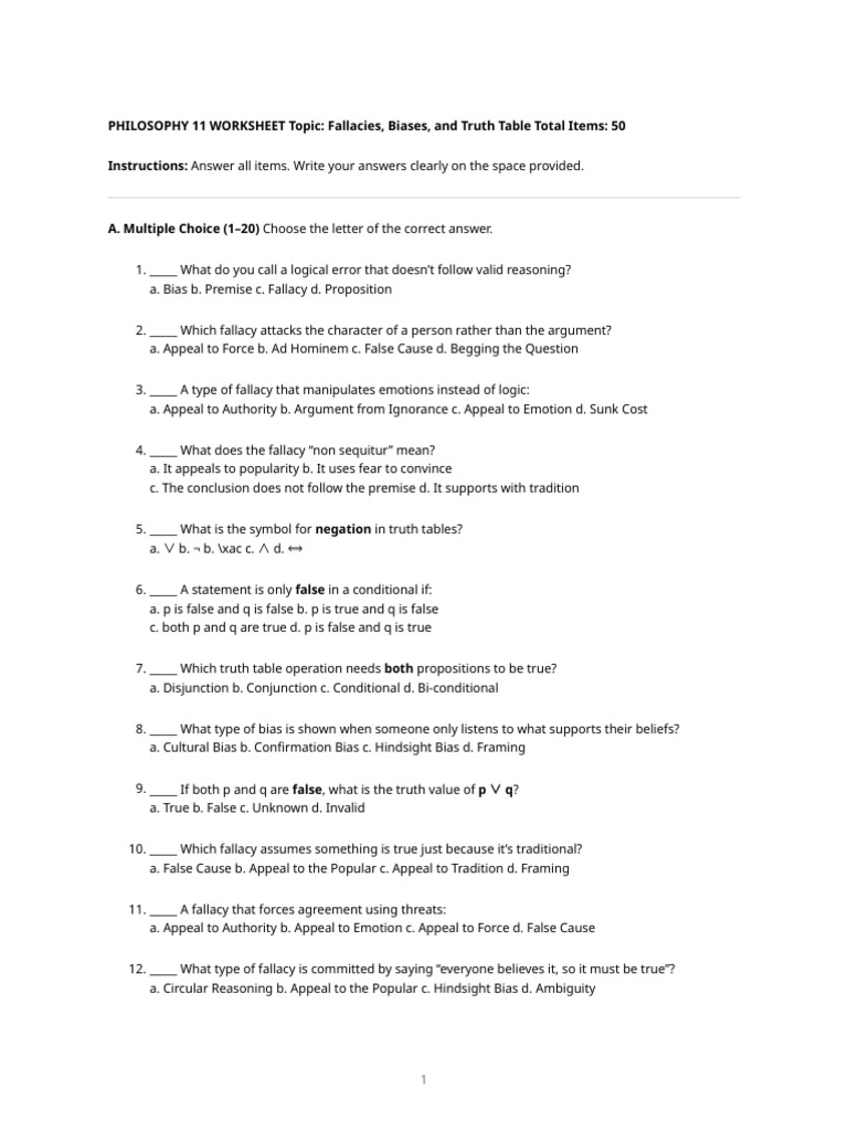 Fallacies Bias Truth Table Quiz | PDF | Fallacy | Argument