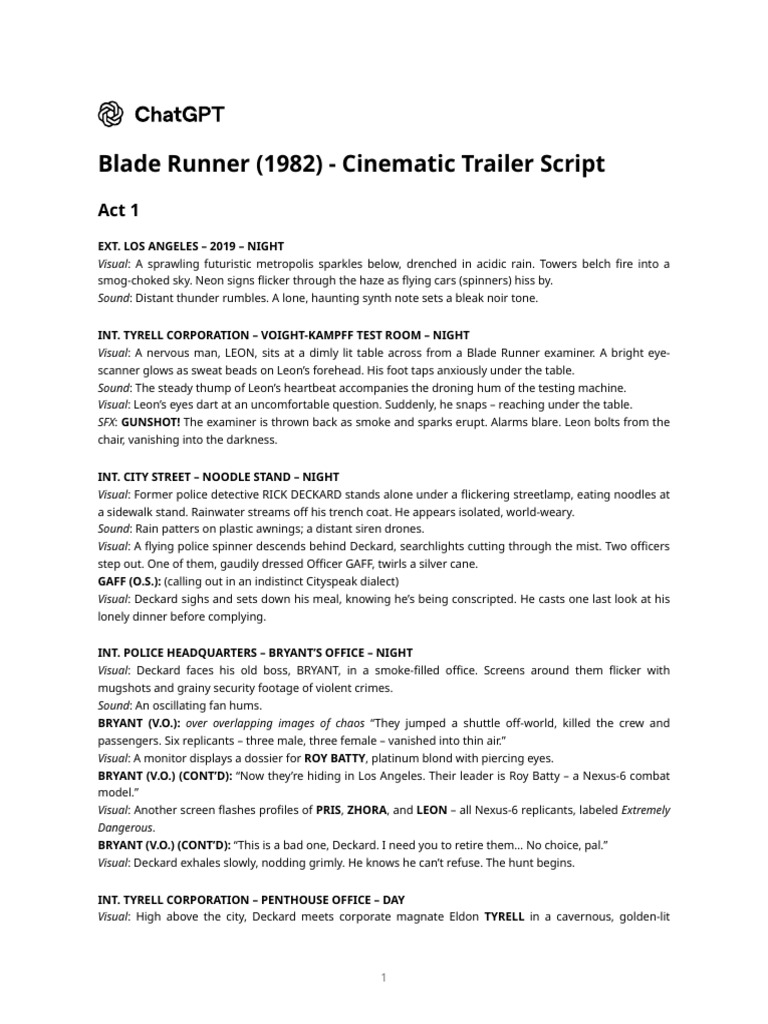 Blade Runner (1982) - Cinematic Trailer Script | PDF