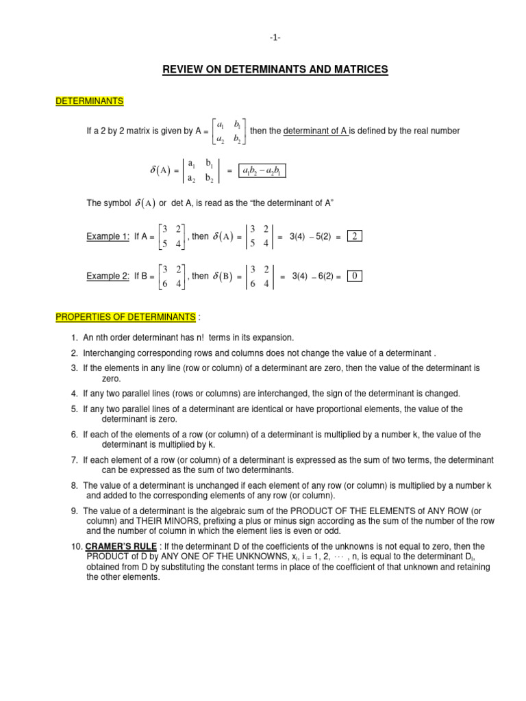 Review On Determinants and Matrices | PDF | Determinant | Matrix ...