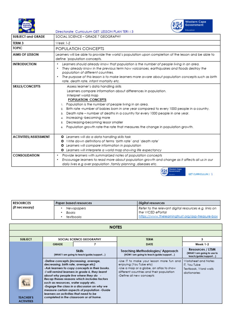 Grade 7 Geography: Population Concepts | PDF | Teachers | Curriculum