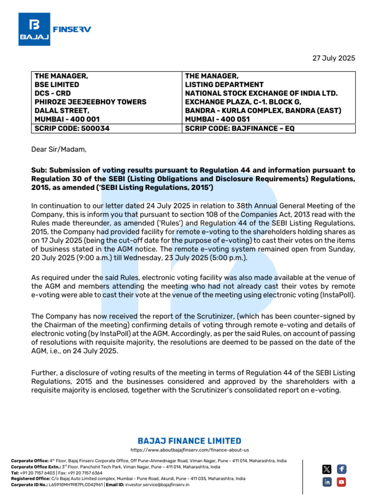 BAJFINANCE 27072025025338 BSENSEvotingresultsscrutinizerreportAGM July 2025 Signedfinal | PDF ...