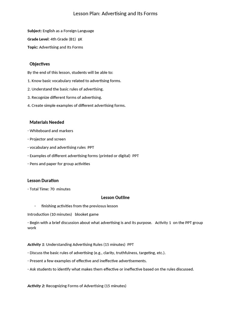 ESL Advertising Lesson Plan for Grade 4 | PDF | Microsoft Power Point ...