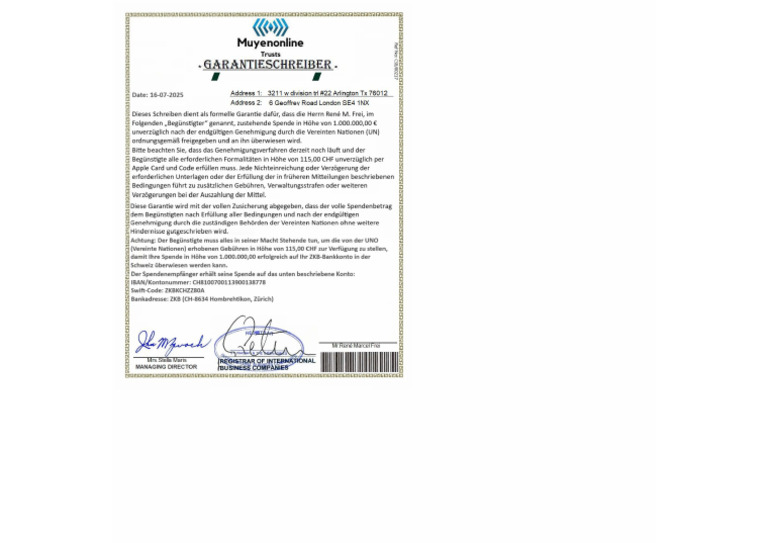 Bank Guarantee Letter (René Marcel Frei) | PDF