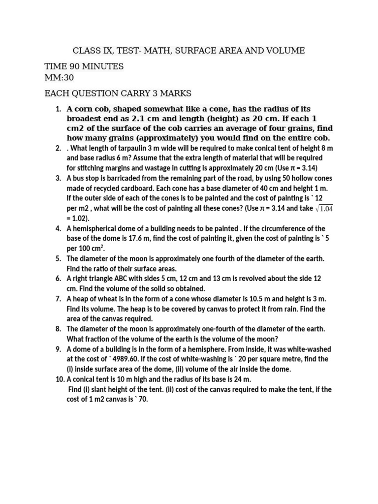 Class Ix Maths Test Surface Area Volume | PDF