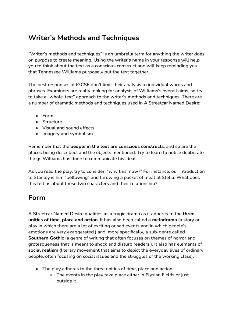 Writer's Methods and Techniques - A Streetcar Named Desire | PDF ...