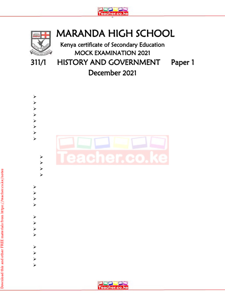 2022 Maranda Mock 311 History Government p1 Ms Teacher - Co .Ke | PDF