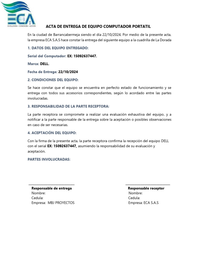 Acta de Entrega de Equipo Borrador | PDF