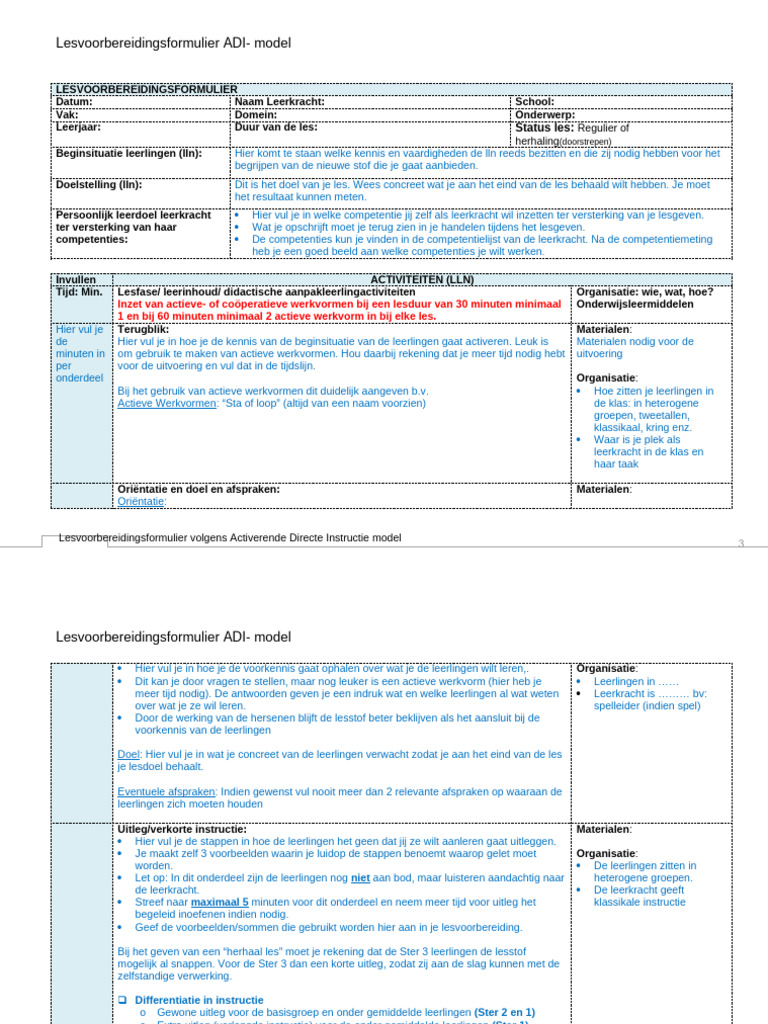 2018 8 22 Lesvoorbereidingsformulier Adi Model Instructie | PDF