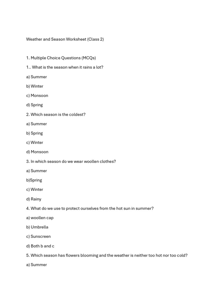 Class 2nd Ch13 Worksheet | PDF | Monsoon | Atmosphere