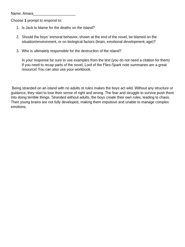 Lord of The Flies - Alternative Assessment | PDF