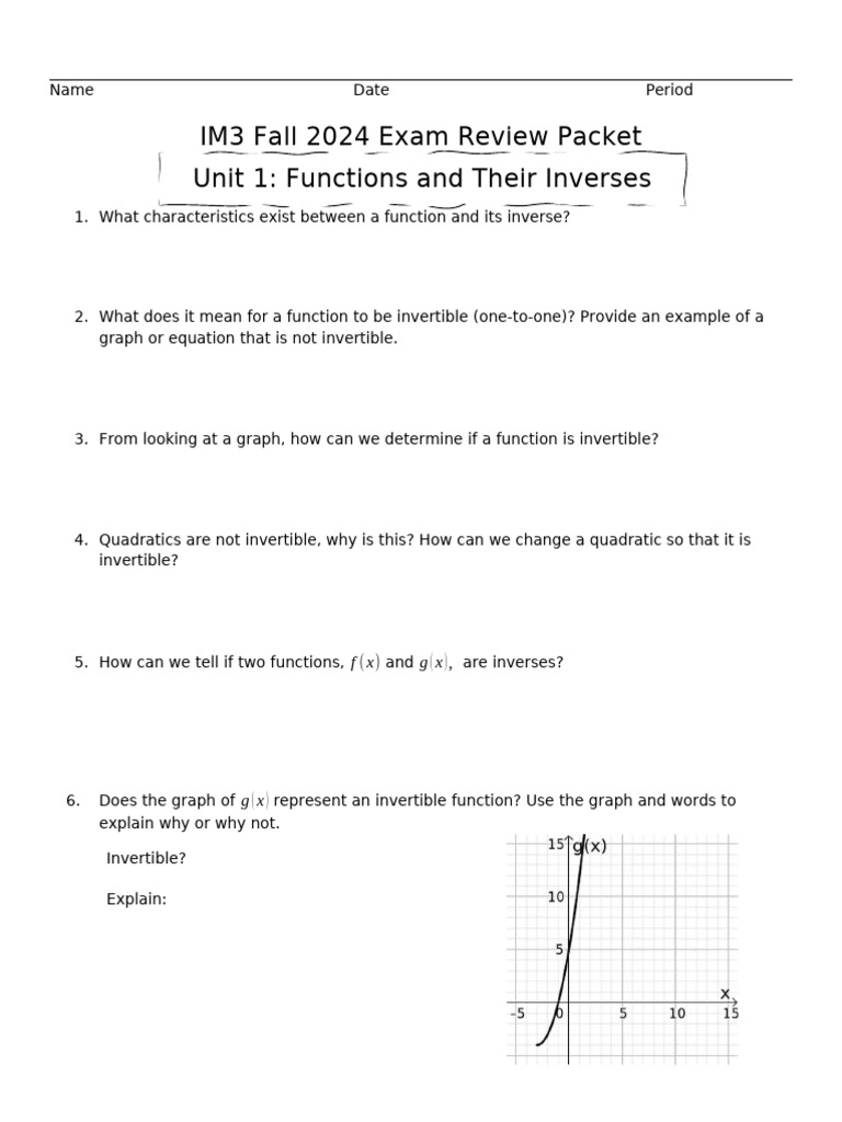 Im3 Fall 2024 Exam Review Packet Pdf Function Mathematics Logarithm