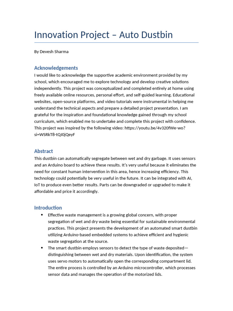 Innovation Project Auto Dustbin | PDF | Waste Management | Arduino