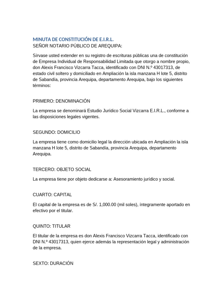 Minuta Constitucion EIRL | PDF