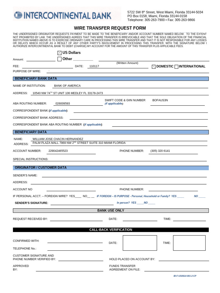 Wire Transfer Request to Bank of America | PDF | Wire Transfer | Banks
