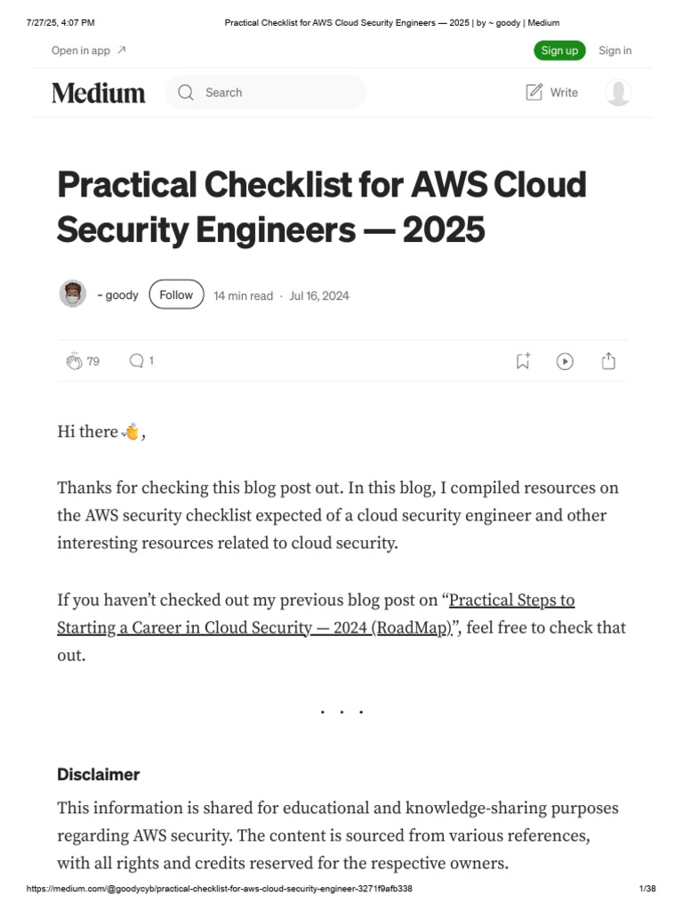 Practical Checklist For AWS Cloud Security Engineers - 2025 - by Goody - Medium | PDF | Amazon ...
