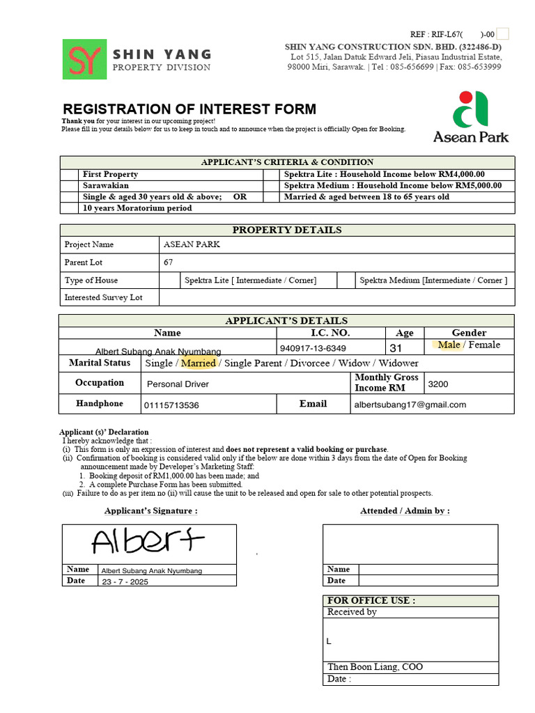 Lot 67 Asean Park - Roi Form | PDF