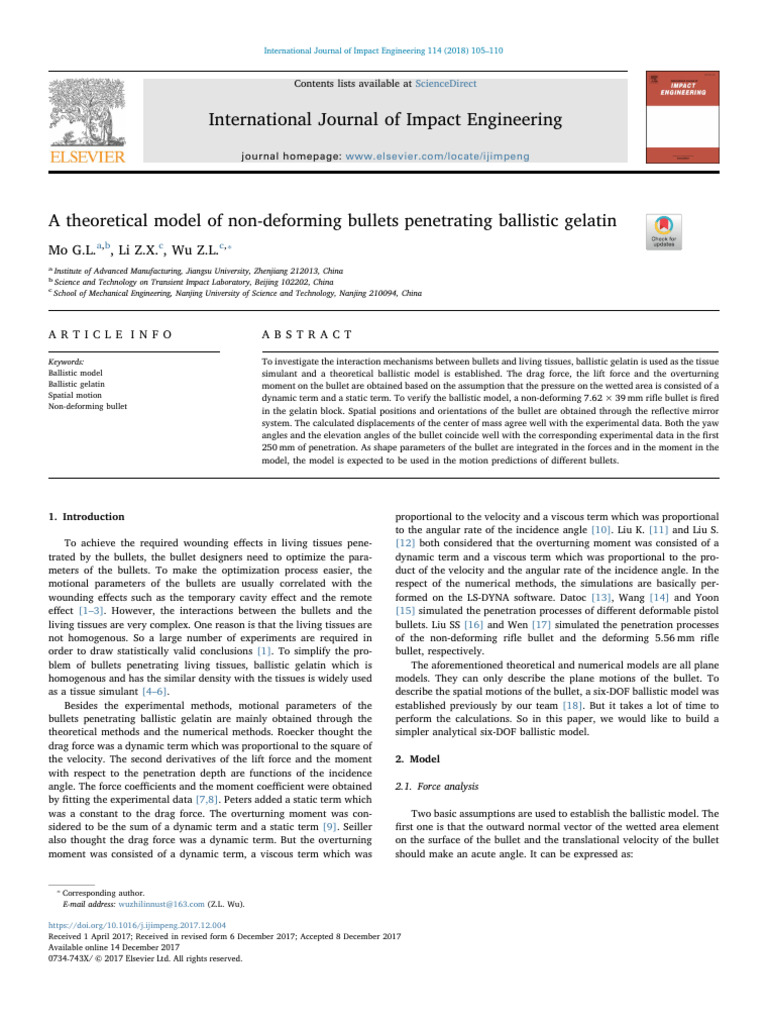 A Theoretical Model of Non-Deforming Bullets Penetrating Ballistic ...