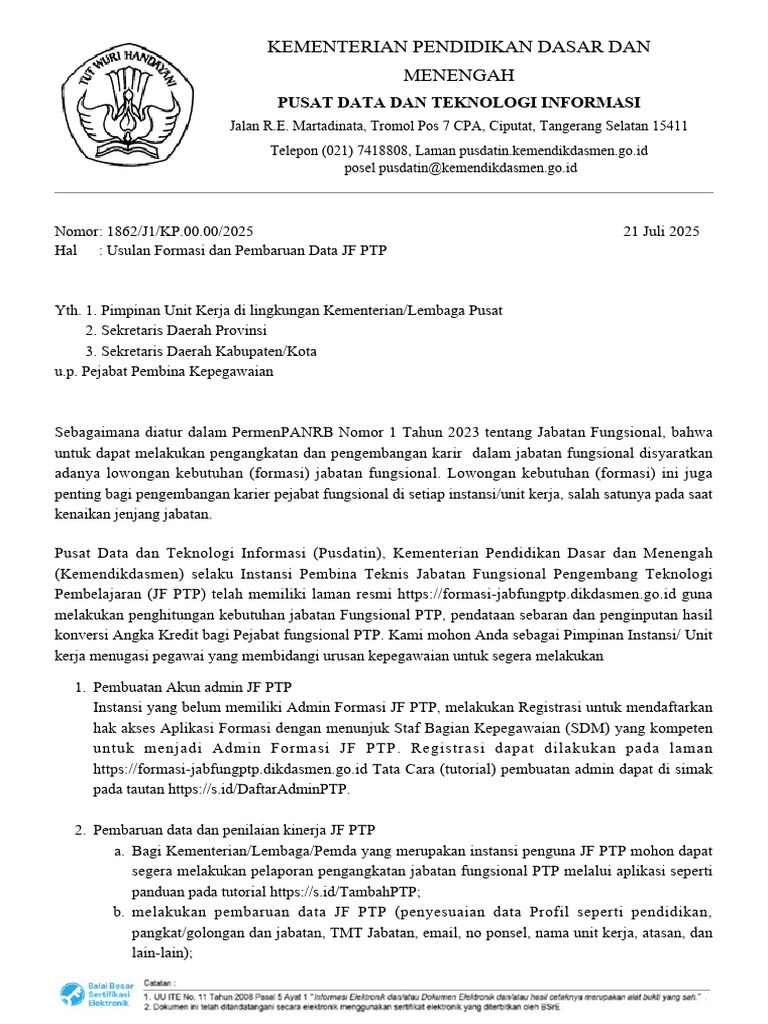 1826 2025 Surat Usulan Formasi Dan Pembaruan Data JF PTP | PDF