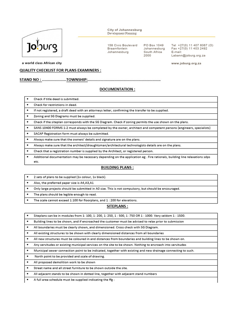 Johannesburg Building Plans Checklist | PDF | Stairs