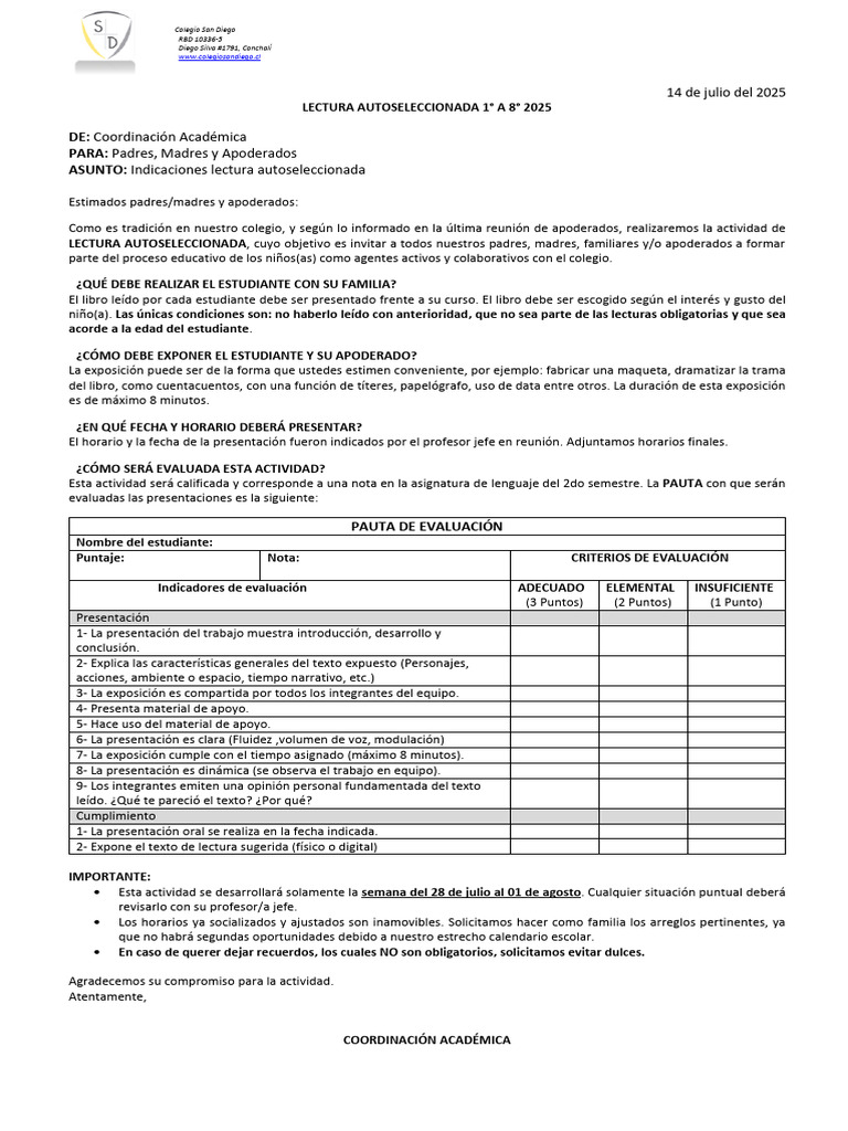 Comunicación Apoderados Lectura Autoseleccionada 2025 | PDF