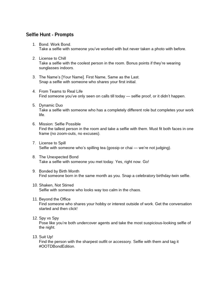 Selfie Hunt - Ice-Breaker - Prompts | PDF