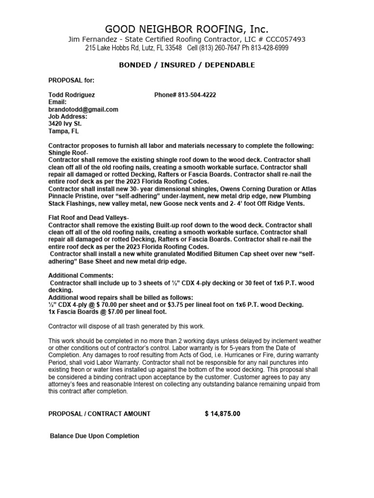 06.21.2025 Todd Rodriguez 3420 W. Ivy ST., Tampa | PDF | Roof ...