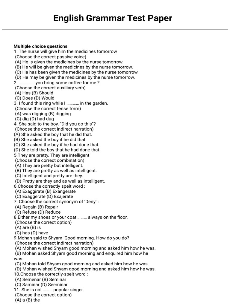 English Grammar Test Paper: Multiple Choice Questions | PDF ...
