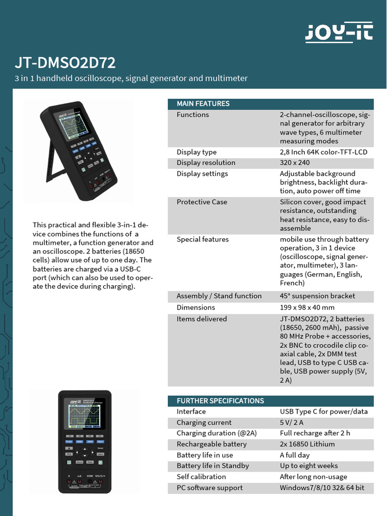 Datasheet 2197366 Joy It Dmso2d72 Oscilloscope Multimeter Signal Generator 1 HZ 70 MHZ Triangle ...