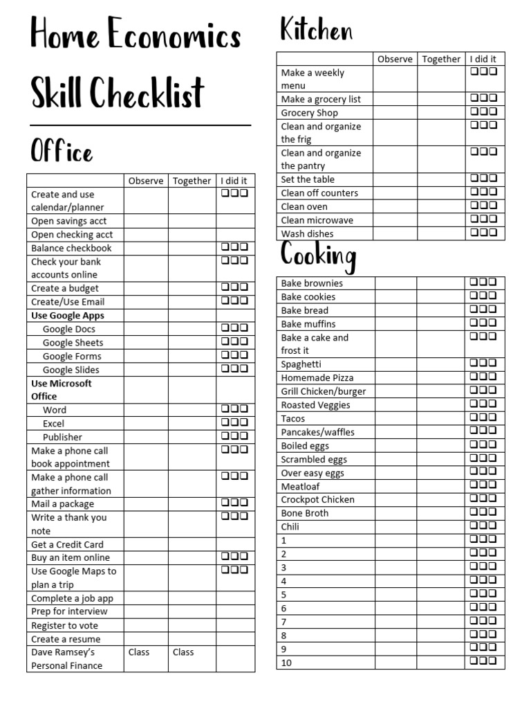 Home Economics Skills Checklist | PDF | Foods | Cooking
