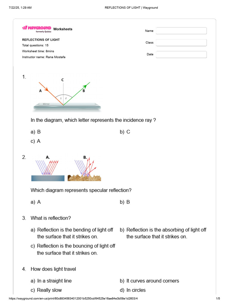 Quizizz - Reflections of Light | PDF | Reflection (Physics) | Light