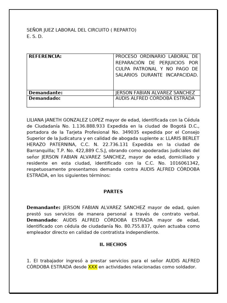 Demanda - Culpa - Patronal - Jerson Fabian Alvarez Sanchez | PDF ...