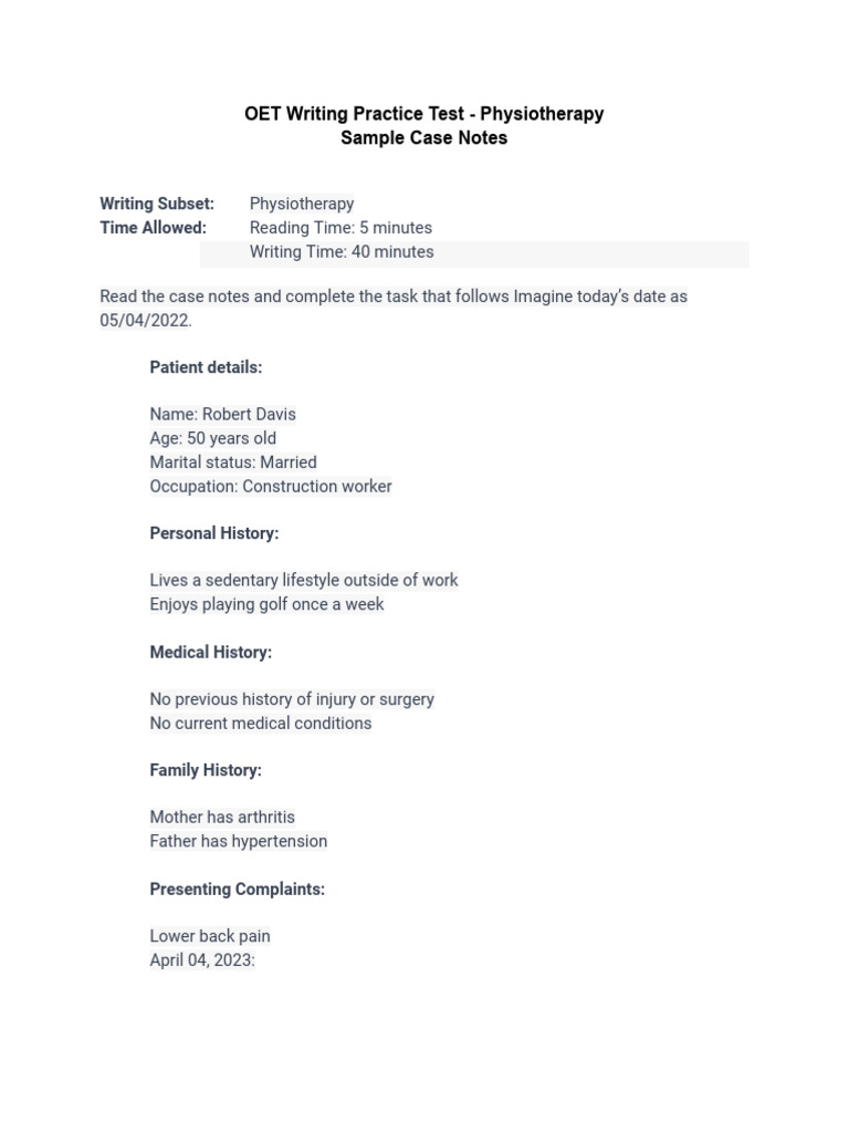 Physiotherapy OET Writing Practice Test | PDF | Physical Therapy | Pain