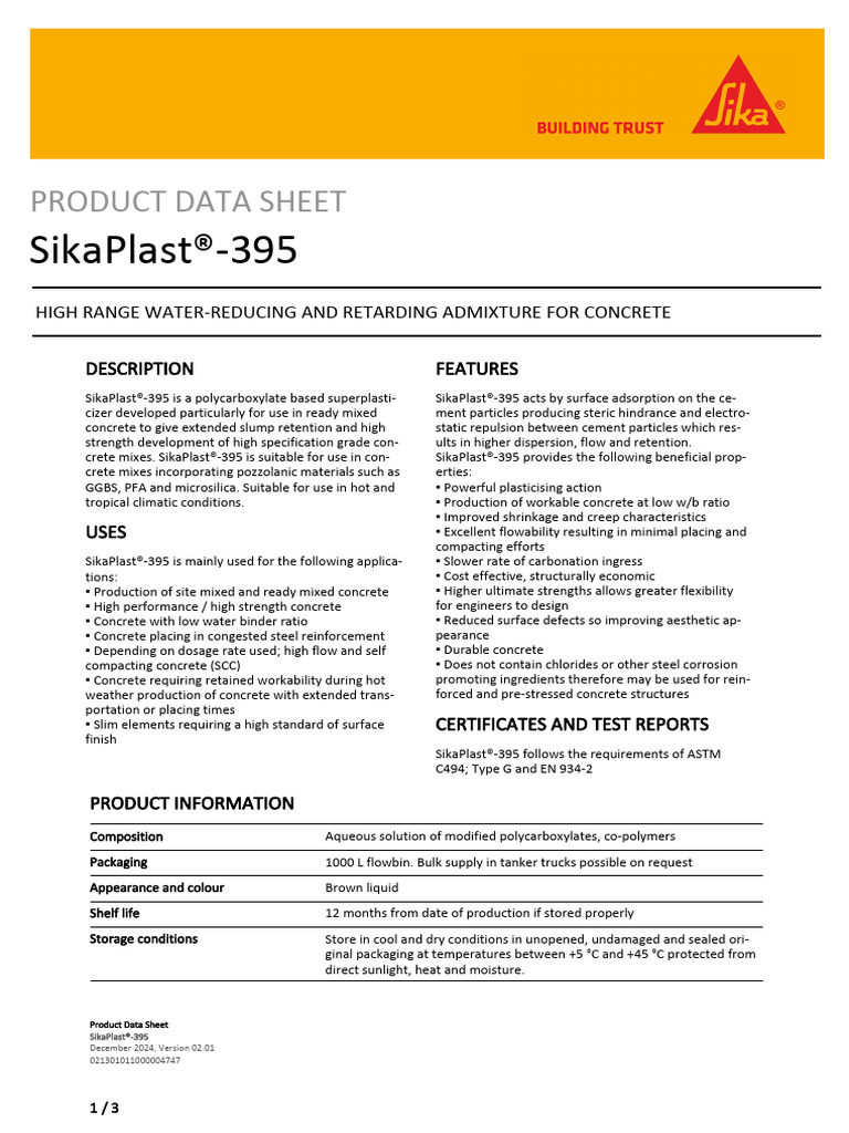 Pds Sikaplast 395 | PDF | Concrete | Composite Material