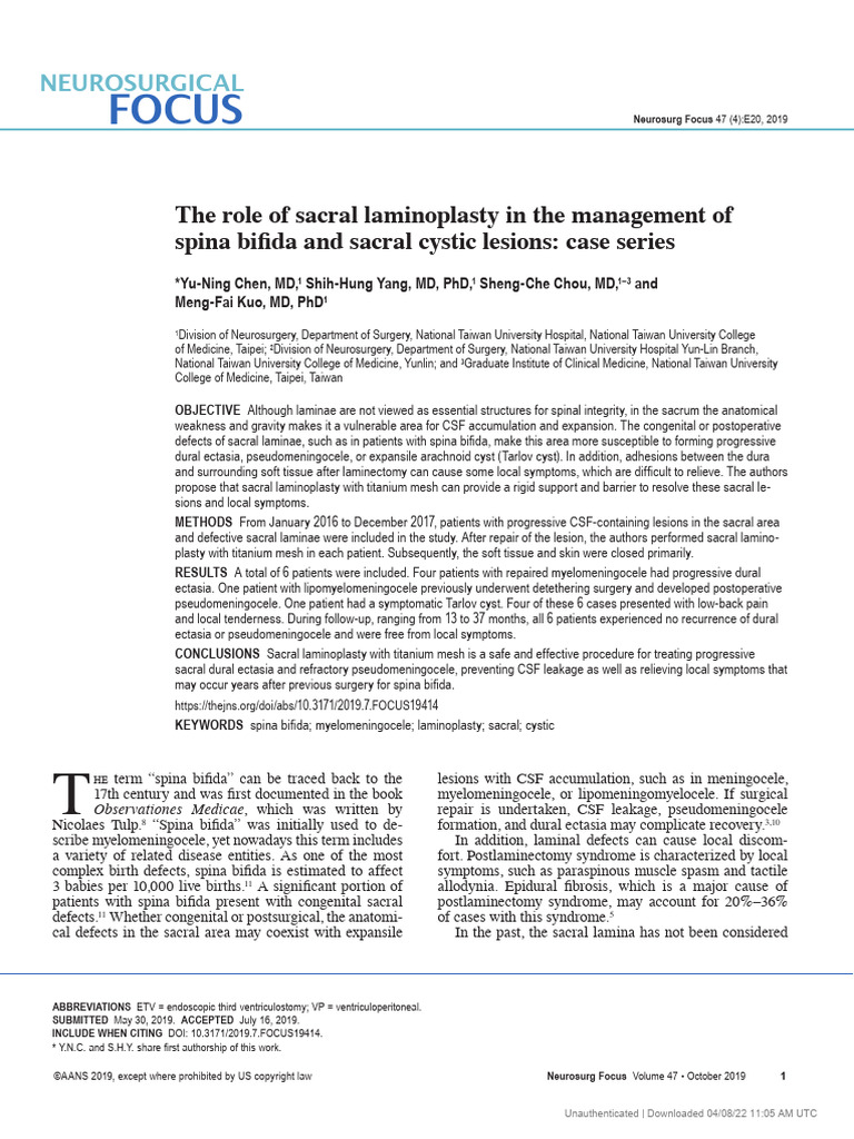 (10920684 - Neurosurgical Focus) The Role of Sacral Laminoplasty in The Management of Spina ...
