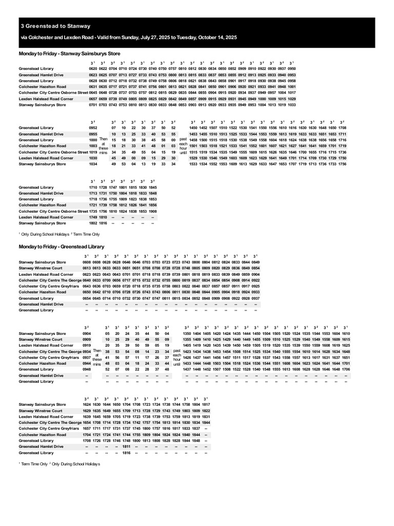 Colchester Bus 3 Timetable: Greenstead to Stanway | PDF