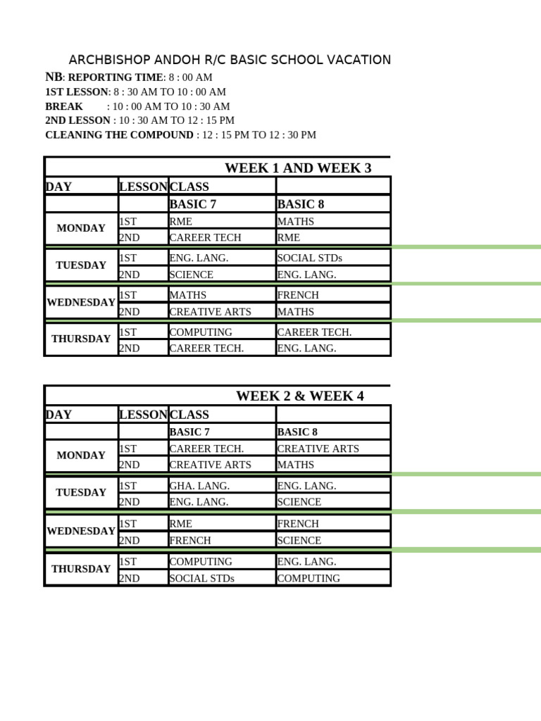 Vacation Classes Time Table (Andoh) | PDF