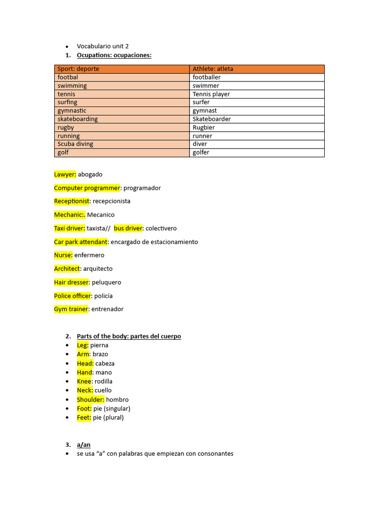 Vocabulario Unit 2 | PDF