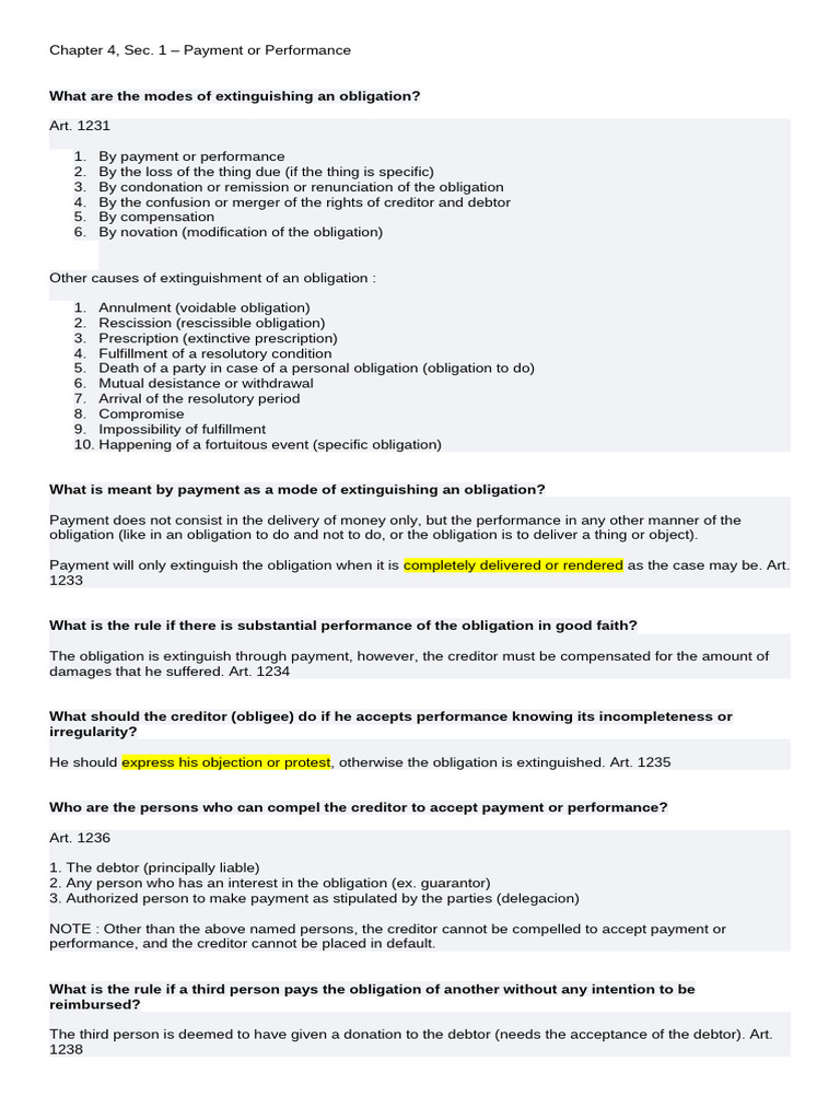Chapter 4, Sec. 1 - Obligations | PDF | Payments | Legal Tender